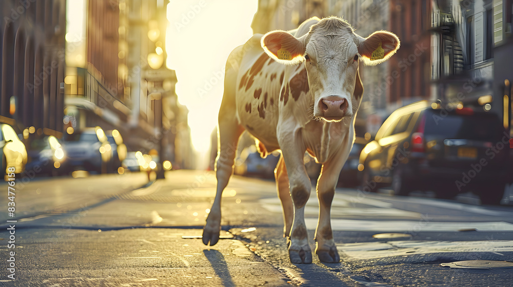 Portrait of a white calf in a market at sunset. Cows in the field, one ...