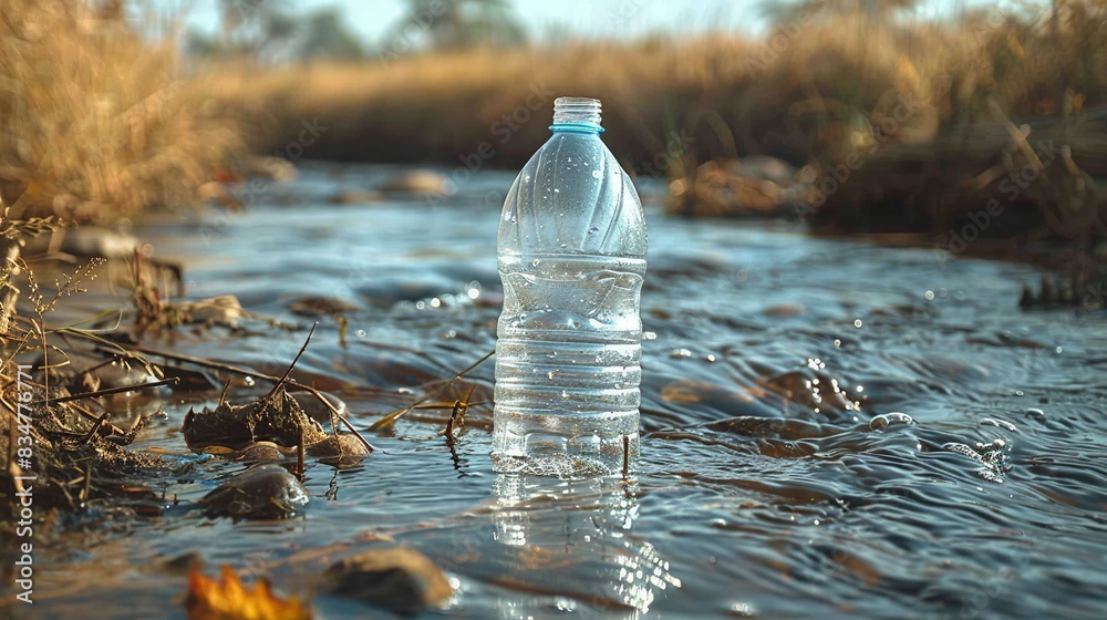 A plastic bottle floating in a polluted river, highlighting the ...