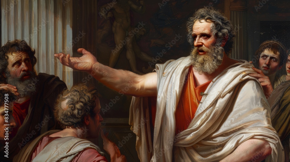 The image shows a painting of Socrates in ancient Greek clothing ...