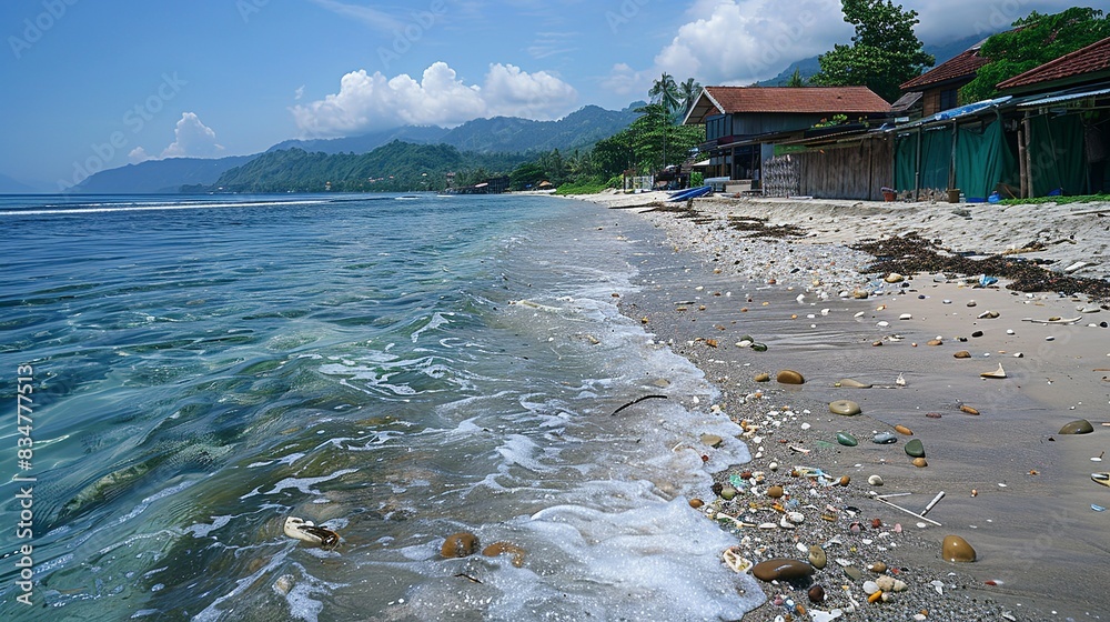 A community-led cleanup effort along a polluted shoreline, showcasing ...