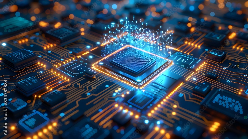An illustration of a futuristic microchip embedded on a glowing circuit ...