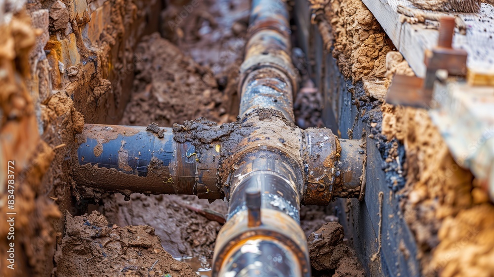 Cross connection of sewer pipes in a dug trench. Replacing or ...