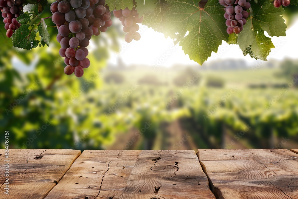 Empty wooden table counter desk with blurred agricultural field ...