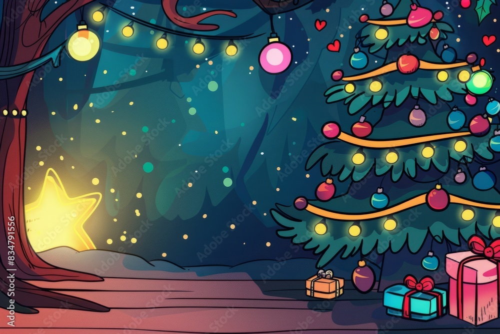 Cartoon cute doodles of a festive holiday corner with twinkling ...