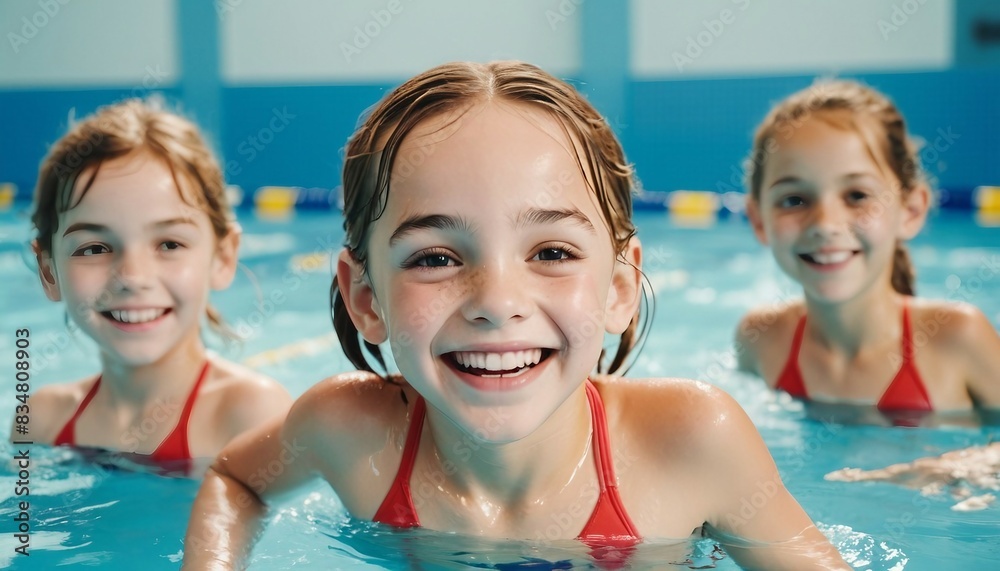Group of happy kids learning swimming in indoor summer pool. Happy ...