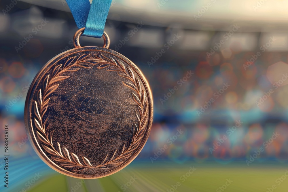 Bronze medal close-up with blurred stadium background at olympic games ...