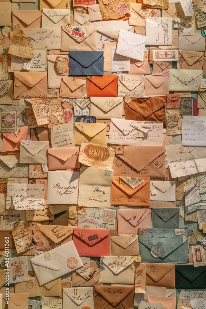 A dense arrangement of envelopes in various sizes and colors, filling ...
