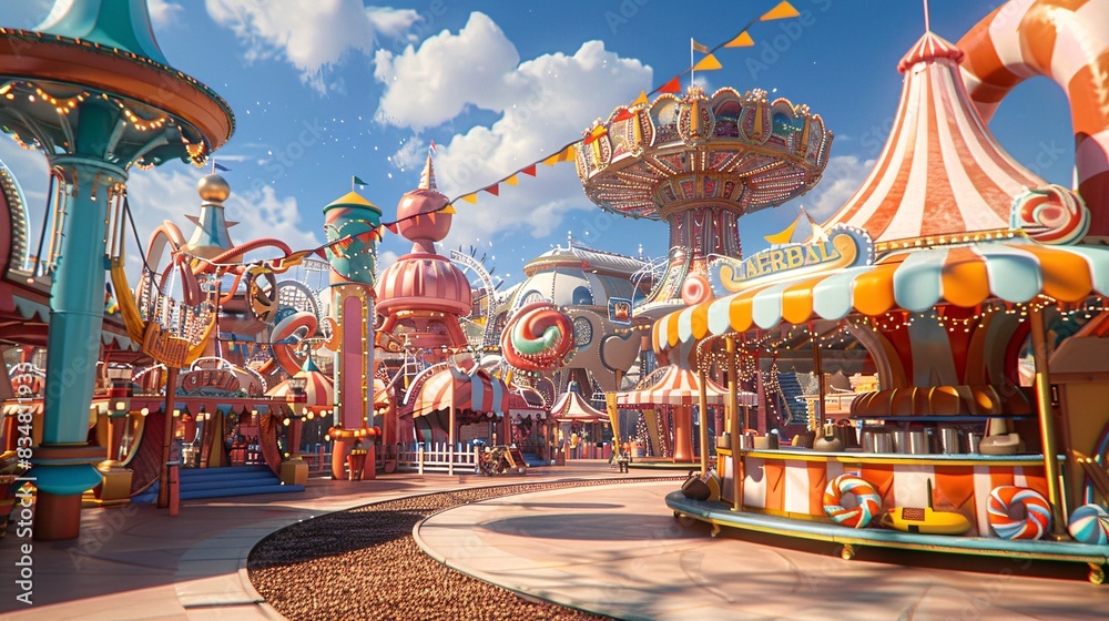 A whimsical scene of a coffee-themed carnival, where colorful booths ...
