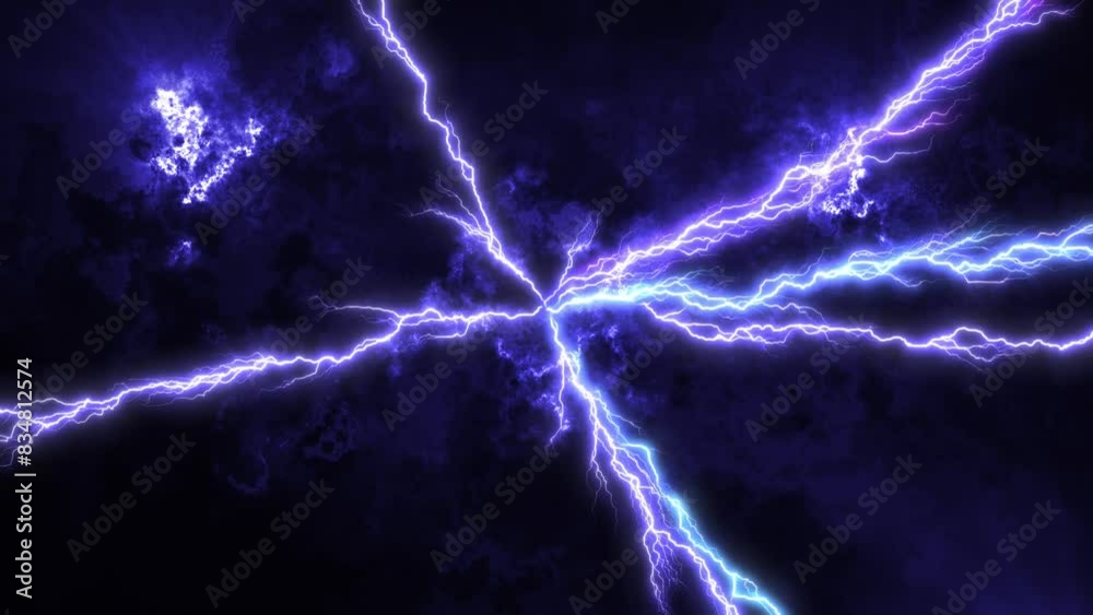 From the center emanates blue and white light rays and lightning, beams ...