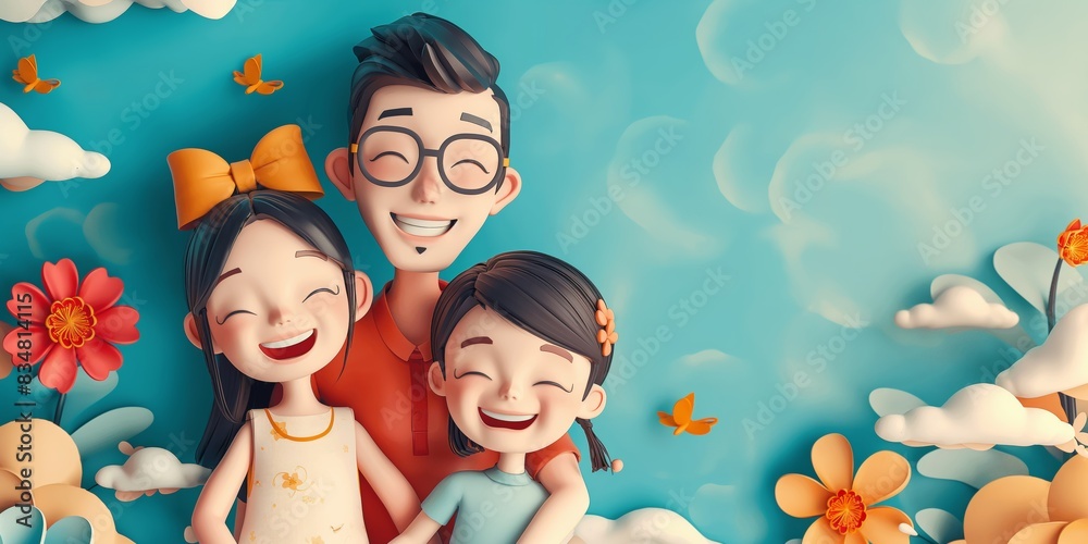 Colorful and cheerful cartoon family with smiling faces, surrounded by ...