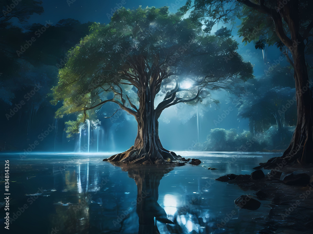 banyan tree beside big lake and waterfall in the night. reflection of ...