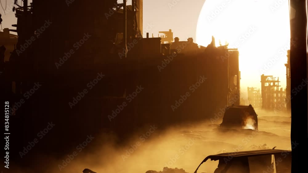 a dystopian destroyed ruined city on sunset, with debris, two damaged ...