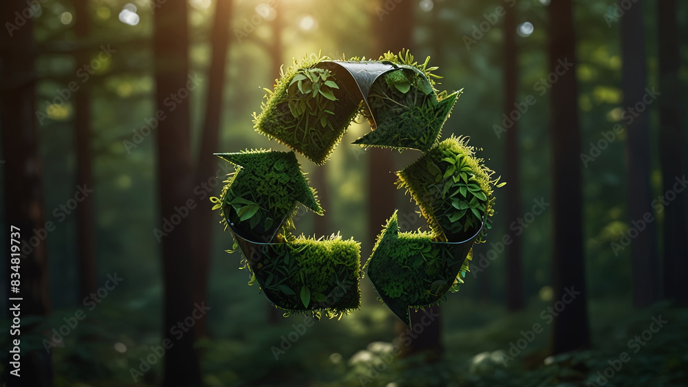 Eco concept with recycling symbol on the blurred forest background ...