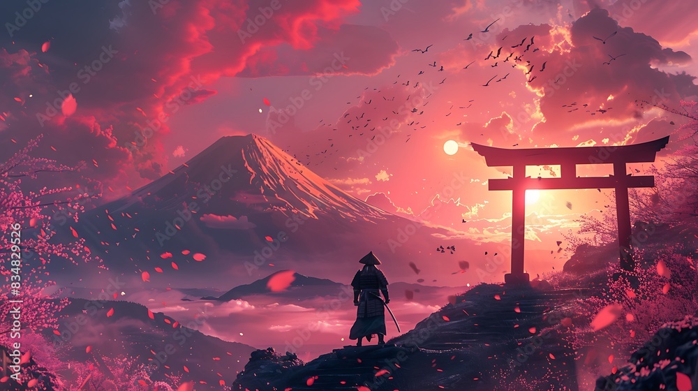 A majestic sunrise over Mount Fuji with a samurai warrior standing on a ...