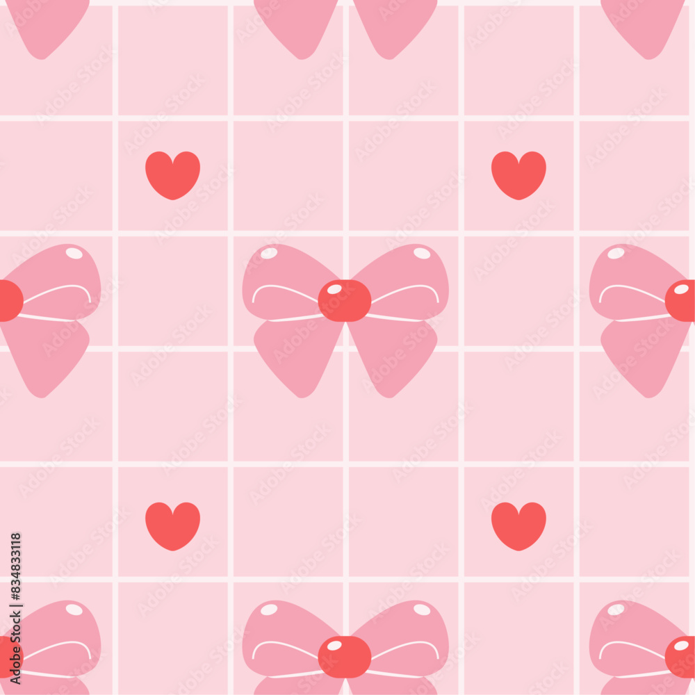 Fashion y2k background with pink bows and red hearts. Trendy checkered ...