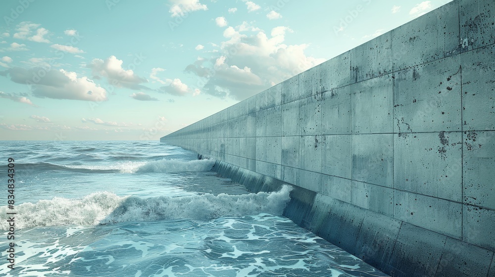 The photo shows a concrete sea wall protecting the coast from the ...