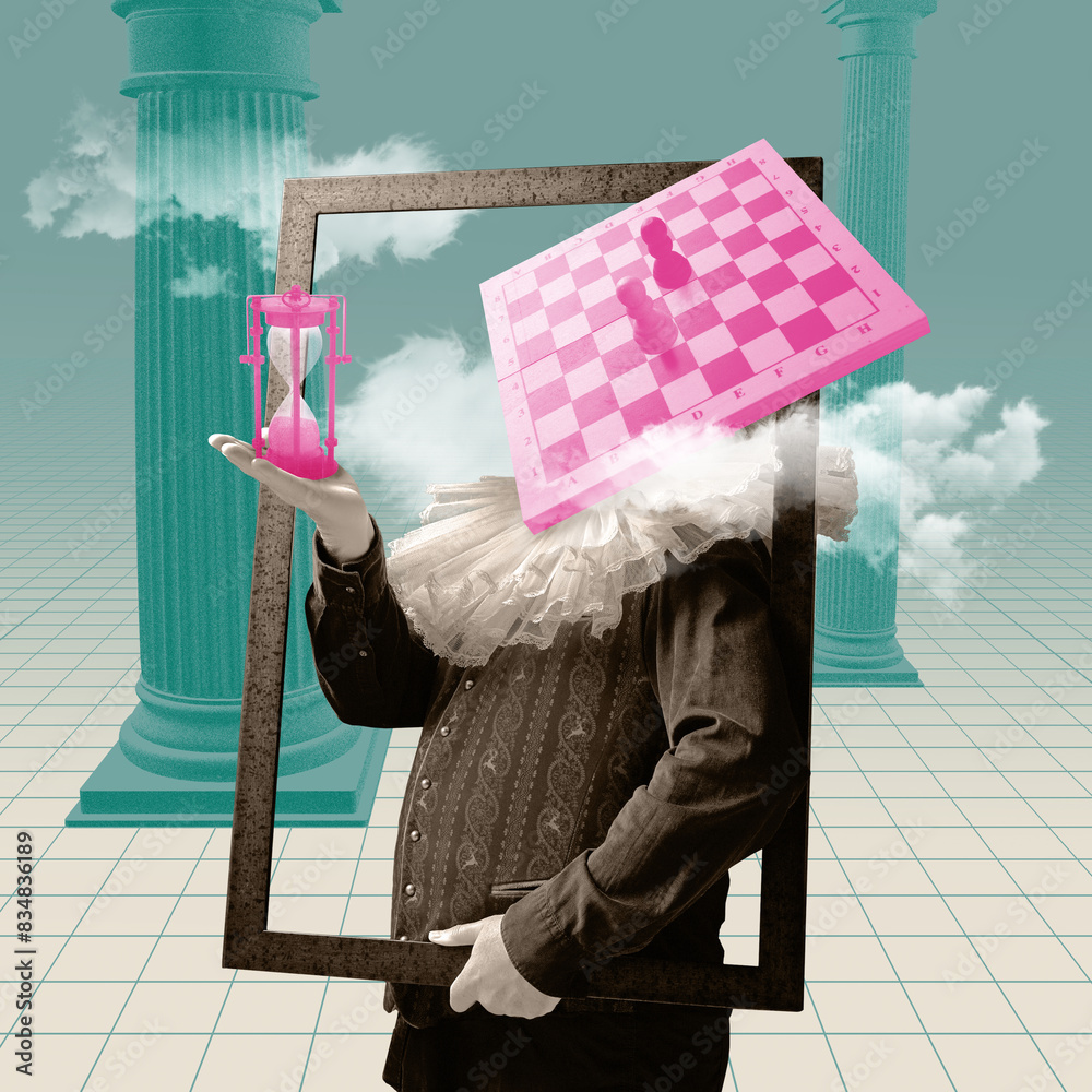 Echoes of Time. Man in antique dress holding hourglass and chessboard ...