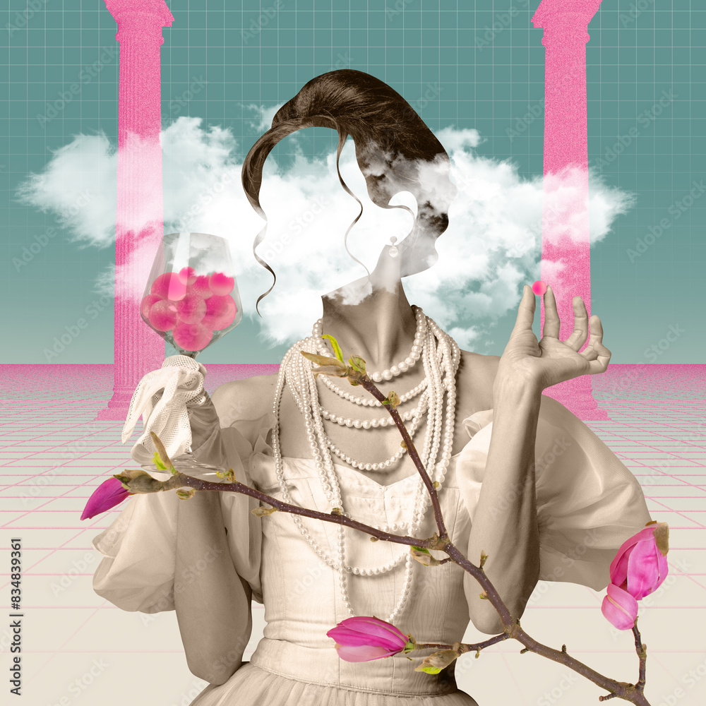 Royal person, queen in elegant period dress with head on clouds and ...