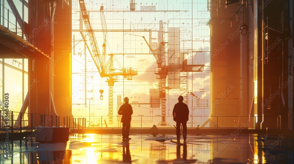 Engineers in a sunny room examining a giant blueprint on the wall ...