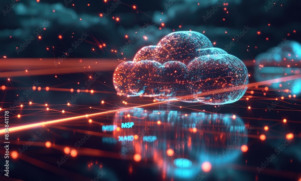 Digital cloud with glowing data connections on dark blue background ...