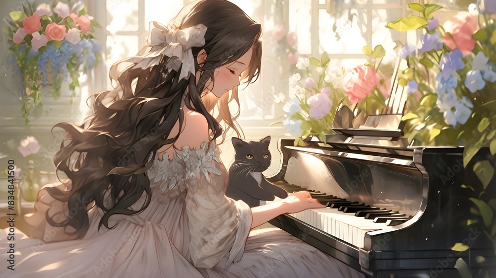 Beautiful anime girl playing a piano with cute black cat. Woman pianist ...