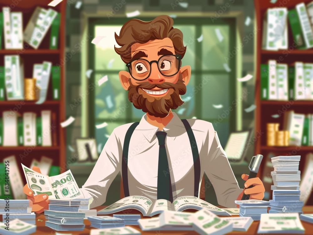 Cartoon man with money stacks and phone Stock Illustration | Adobe Stock