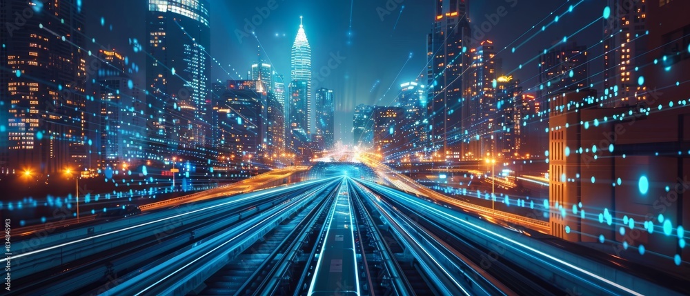 Hightech maglev train gliding through a modern city, illuminated ...