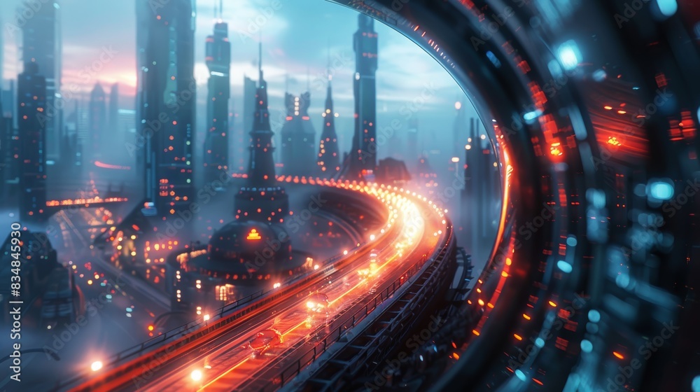 Hyperloop and autonomous vehicle network, futuristic cityscape, digital ...