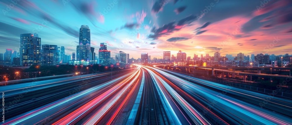 Smart city with highspeed maglev and hyperloop trains, digital network ...