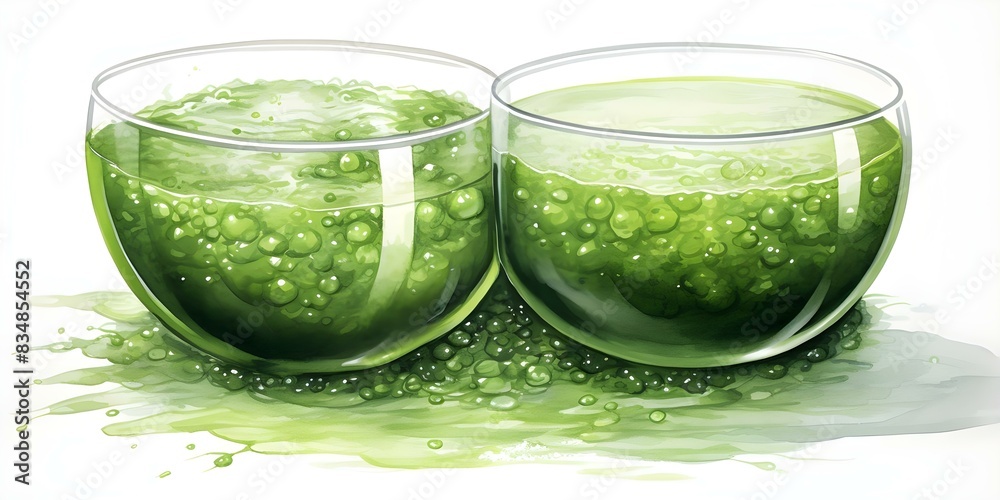 Watercolor painting of chlorella and spirulina singlecelled algae with ...