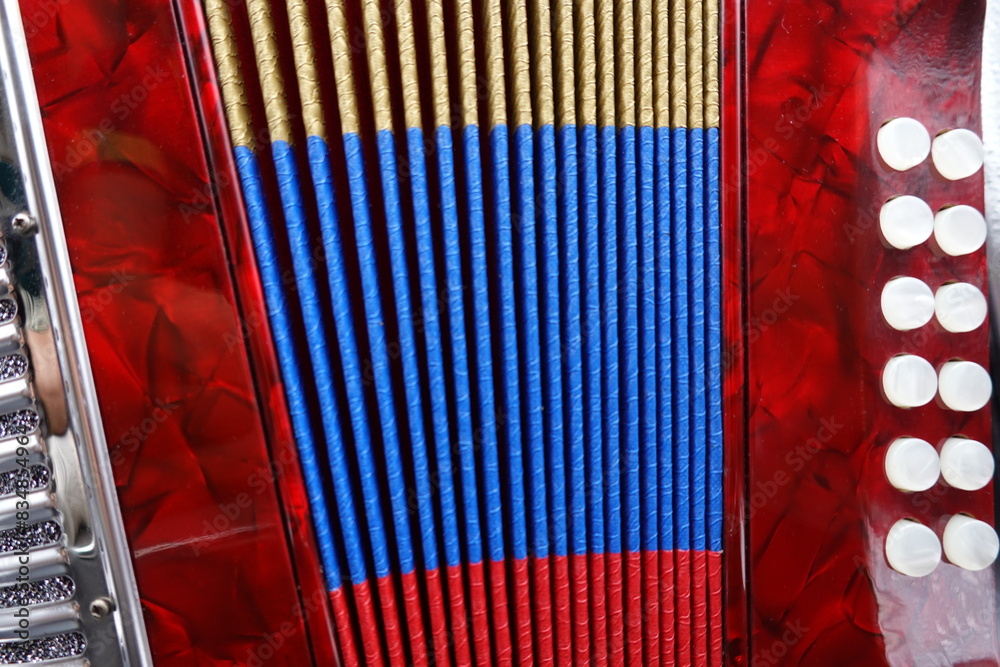 A vibrant red Colombian vallenato accordion featuring the colors of the ...
