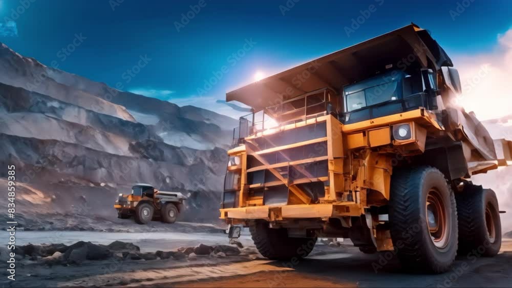 Realistic photograph of open pit mining with large yellow dump truck ...