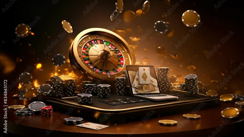 casino, gamble, poker, money, luck, chance, Podium with smartphone ...