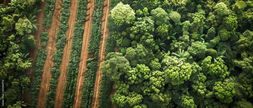 To prevent deforestation, close up, innovative agroforestry systems integrate trees with crops ...