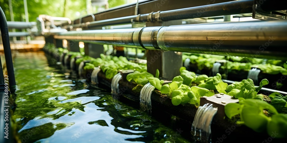 Closeup of wastewater treatment system for recycling water in algae ...
