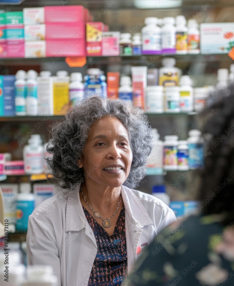 A pharmacist speaks to a patient in a pharmacy, explaining their ...