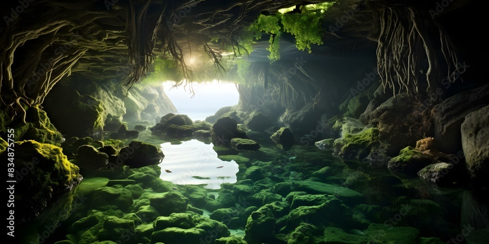 Enigmatic underwater cave teeming with moss algae and coral in the sea ...
