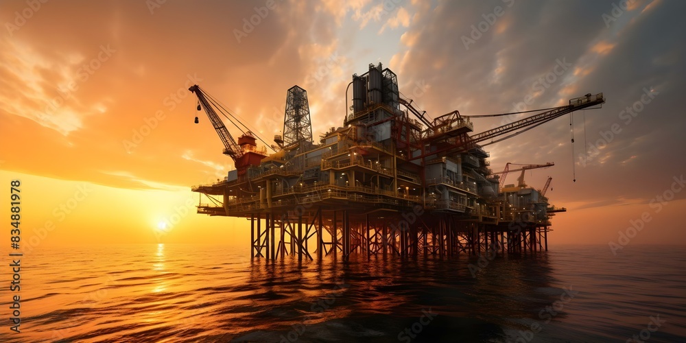 Sunset Scene of an Offshore Oil Rig Drilling Platform in the North Sea ...