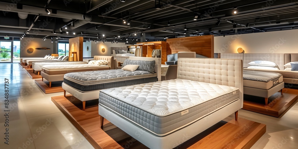 Mattress showroom with elegant beds and pillows lined up in shop ...