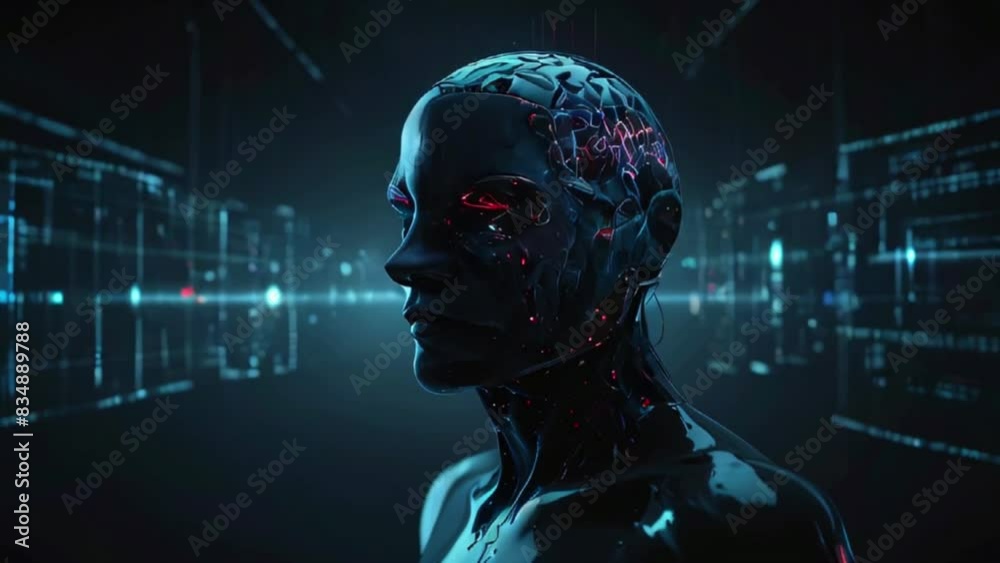 The video is of a robot head in profile, with glowing red eyes and a ...