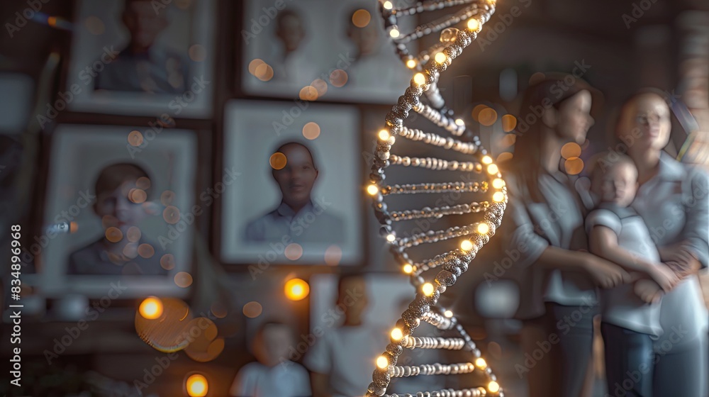 DNA Helix and Family Portraits A DNA helix with illuminated lights ...