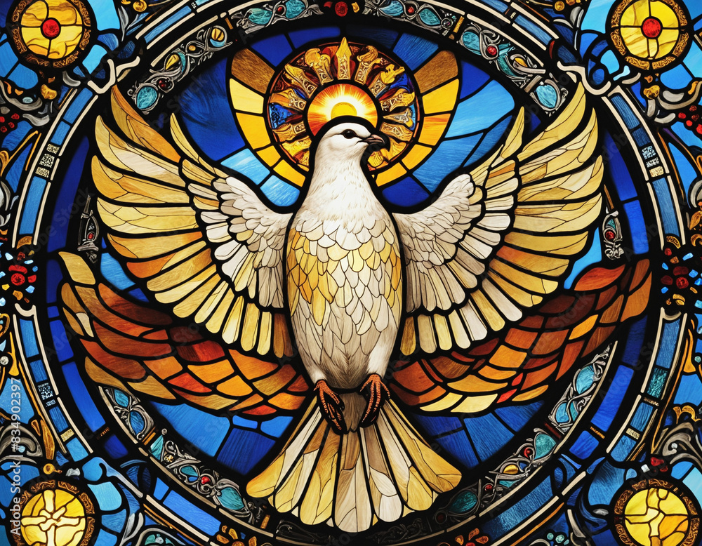 Vibrant stained-glass portrayal of the Holy Spirit descending at ...