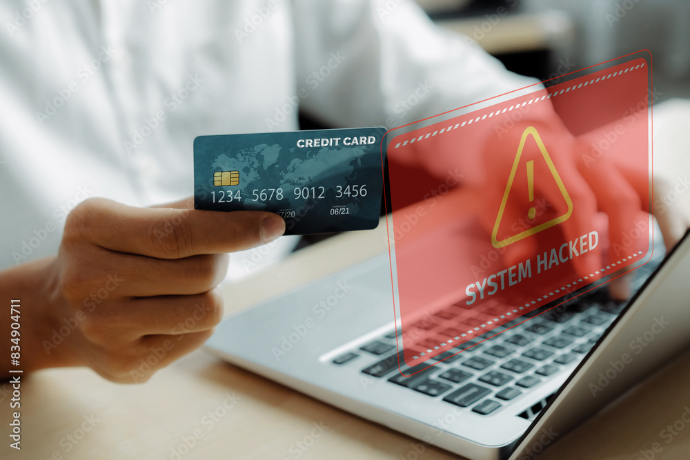 Customer watching hologram interface warn danger of credit card hacked ...