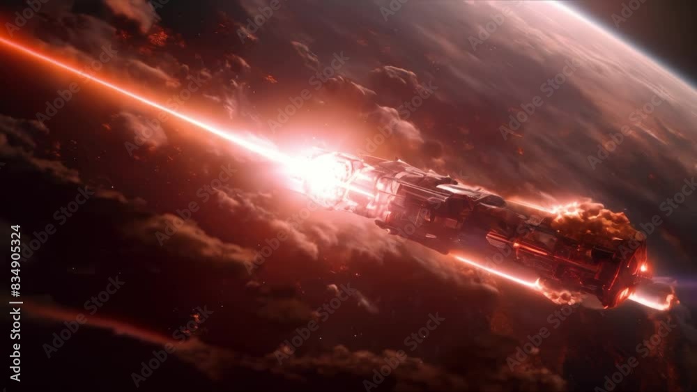 Alien Attack: Sci-fi Space Satellite Shoots Red Laser Beam. Concept Sci-fi, Space, Satellite ...