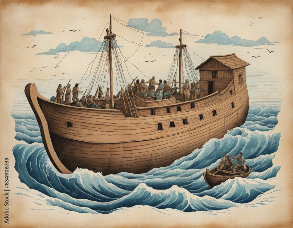 Ancient Watercolor Depiction of Noah's Ark with Silhouetted Animals ...
