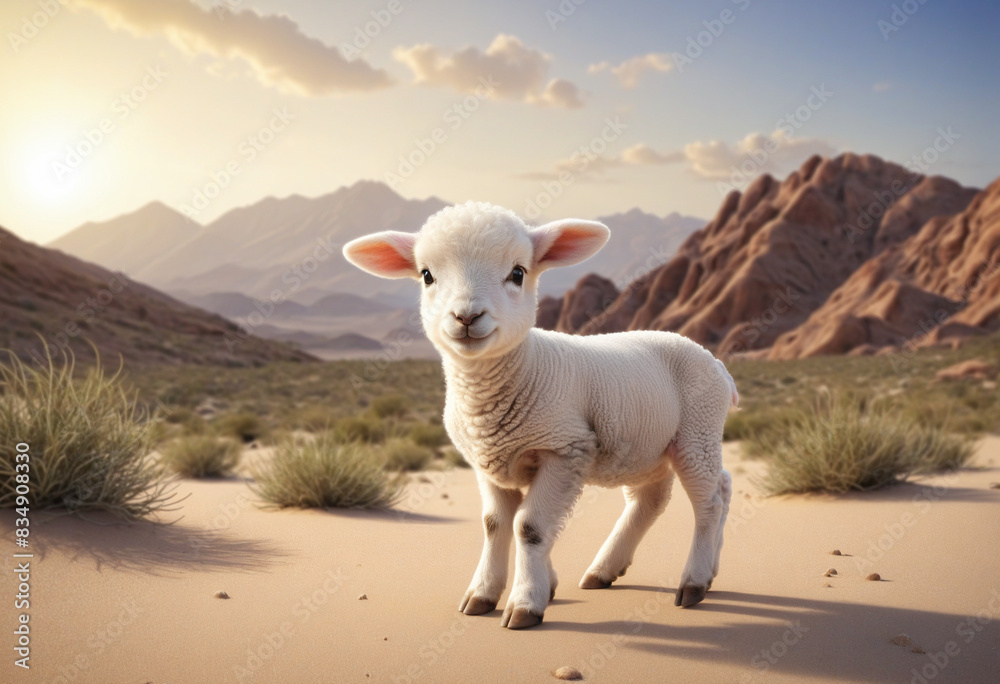 Divine depiction of a humble sheep in the desert, with mountains in the ...