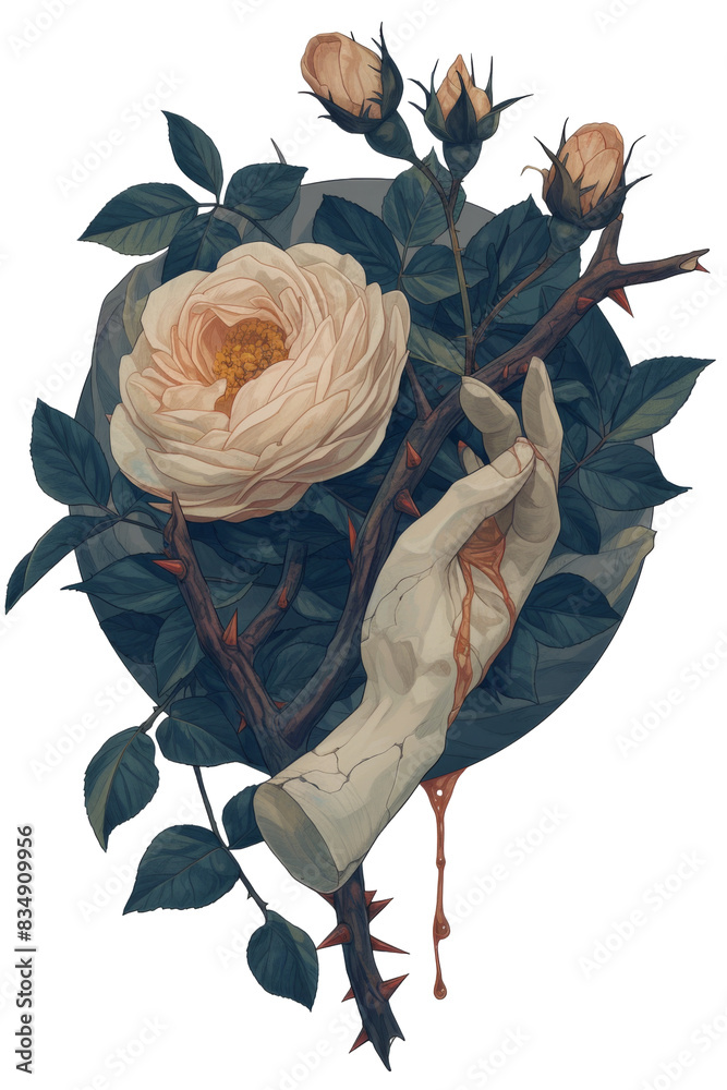 Finger pricked by a rose thorn, white rose and blood, dead man's hand ...