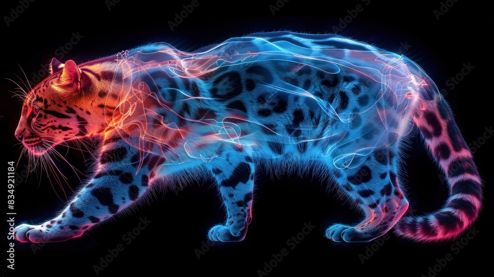 Animal neon blue and red silhouettes on black background, animals in ...