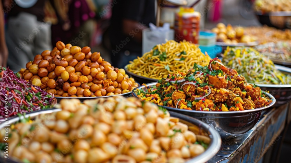 A platter of Indian snacks including pani puri, bhel puri, and sev puri ...