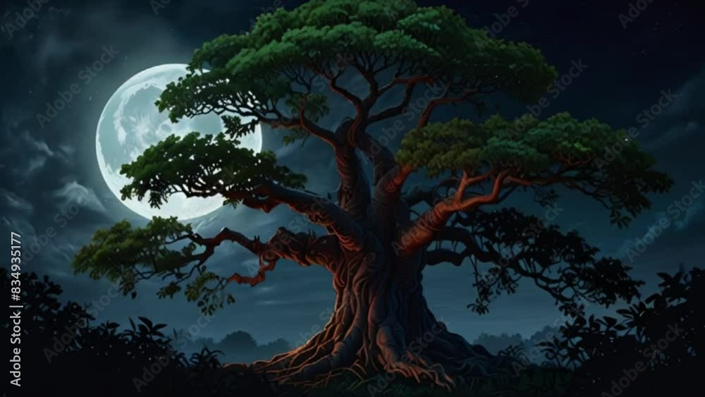 banyan tree and tree house under the full moon night sky. seamless ...
